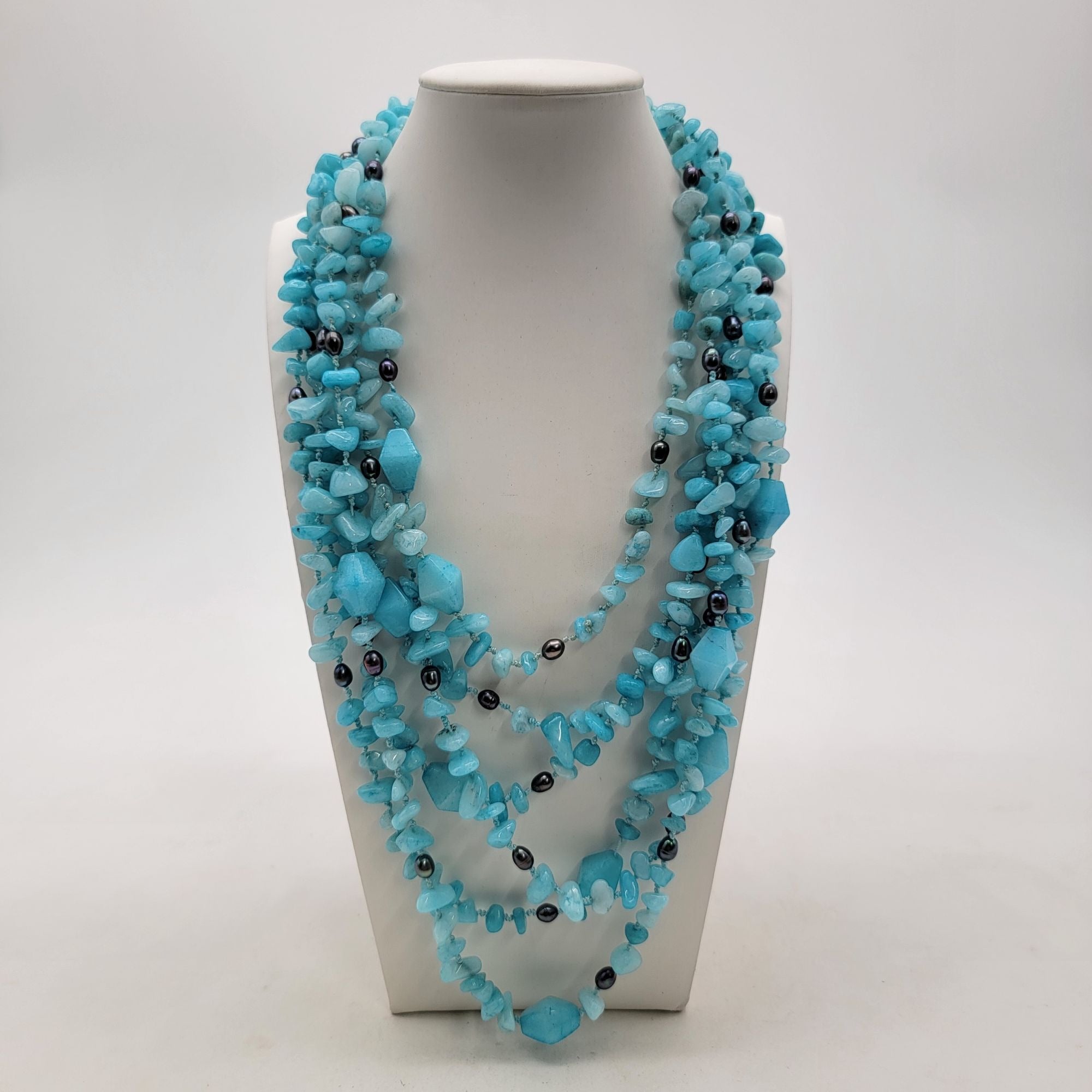Blue Caribbean Quartz Gemstone & Peacock Freshwater Pearl Multi-Strand ...
