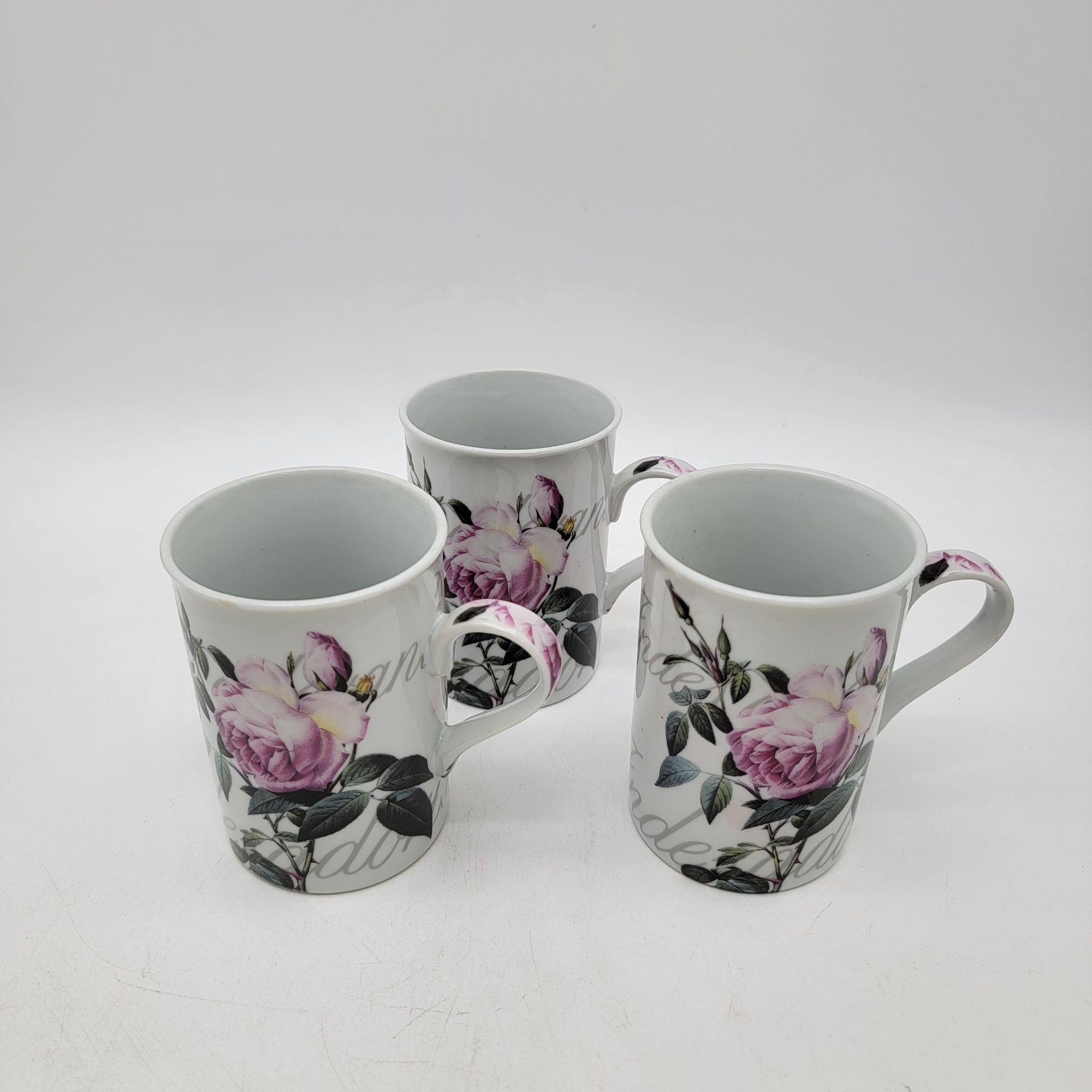 Set Of 3 Baum Porcelain Floral Mugs With Pink & Green Rose Design ...