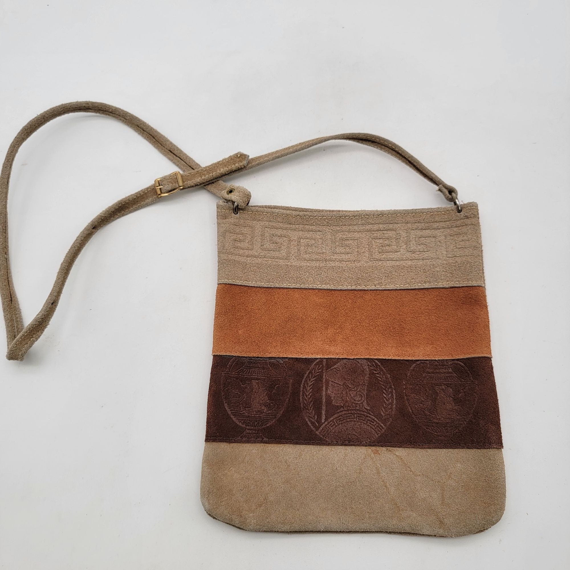 Vintage Suede Leather Crossbody Purse With Greek Key Motif & Ancient S ...